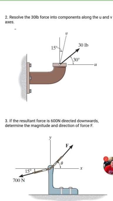 Solved 2. Resolve the 30lb force into components along the u | Chegg.com