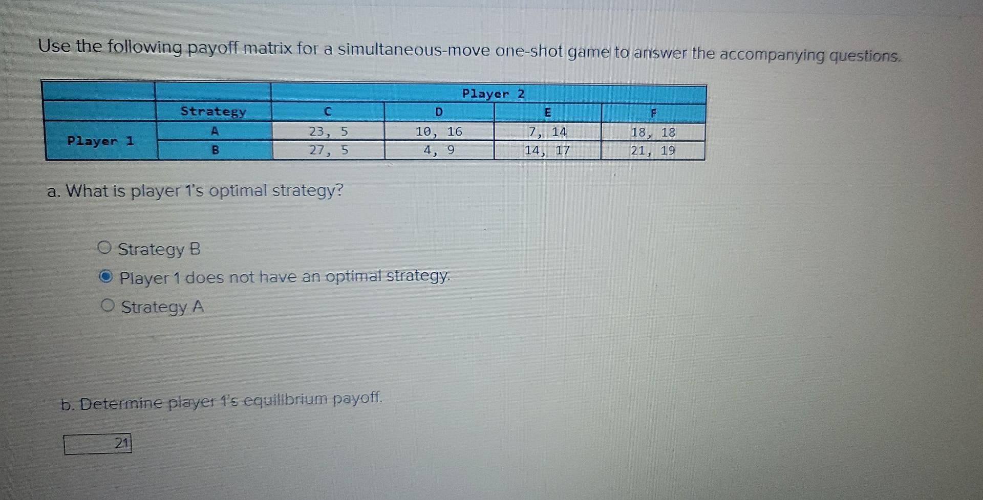 Solved Use the following payoff matrix for a | Chegg.com