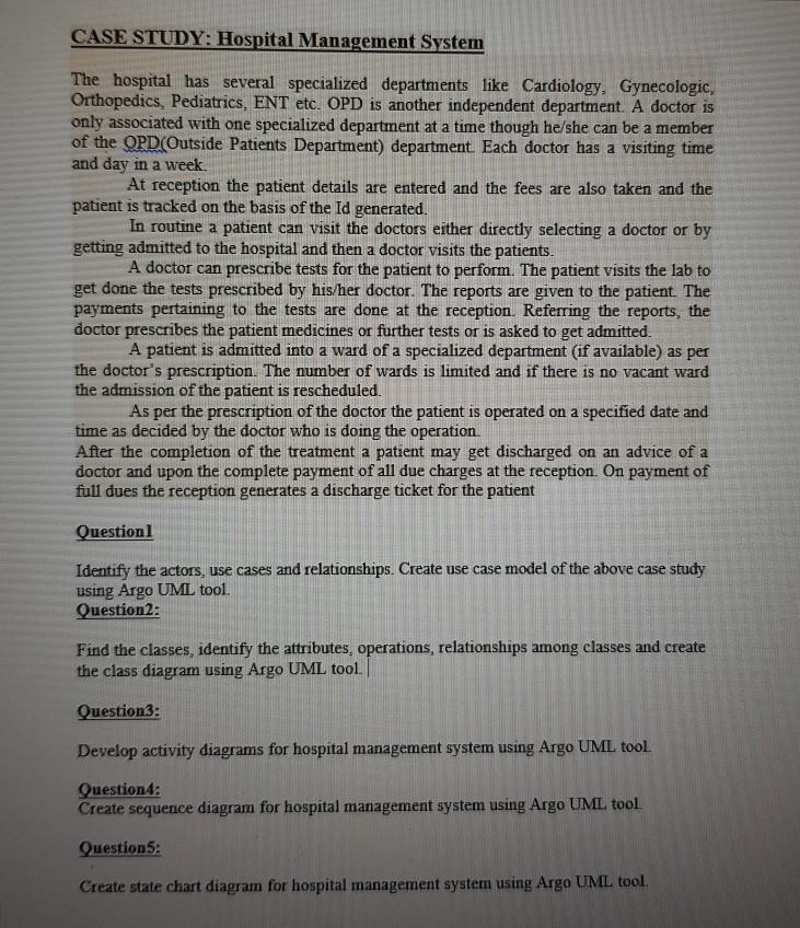 Solved CASE STUDY: Hospital Management System The hospital | Chegg.com