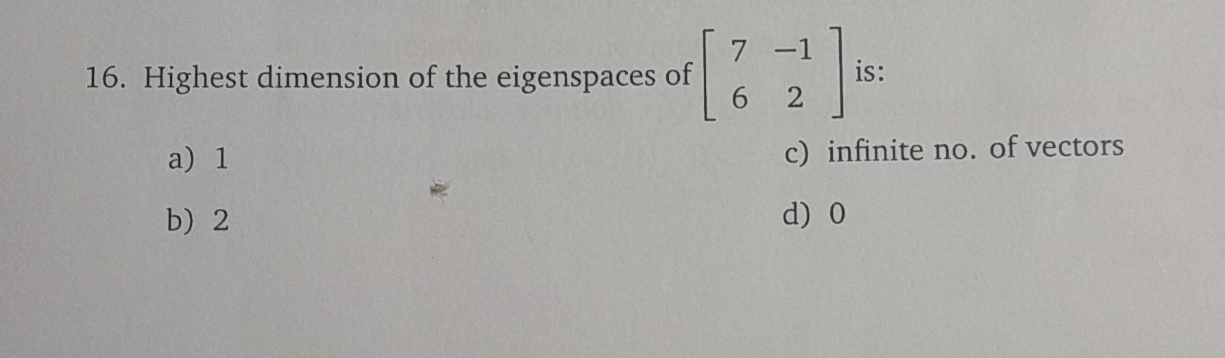 Solved 16. Highest dimension of the eigenspaces of [76−12] | Chegg.com
