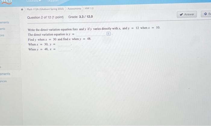 Solved Write the direct variation equation forx and y if y | Chegg.com