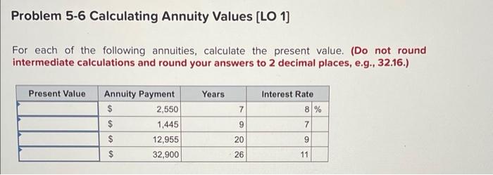 Solved Problem 5-6 Calculating Annuity Values (LO 1) For | Chegg.com