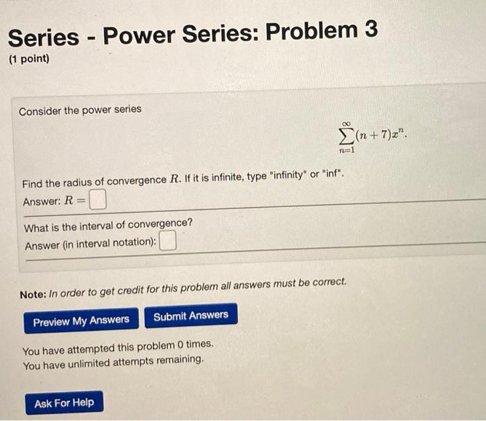 Solved Series - Power Series: Problem 3 (1 point) Consider | Chegg.com