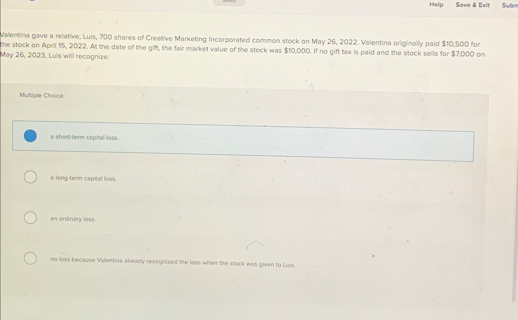 Solved HelpSave & ExitSubrValentina gave a relative, Luis, | Chegg.com