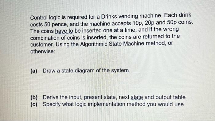 Solved Control logic is required for a Drinks vending | Chegg.com