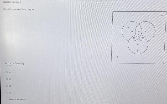 Solved Question number 8, Given the following Venn diagram | Chegg.com