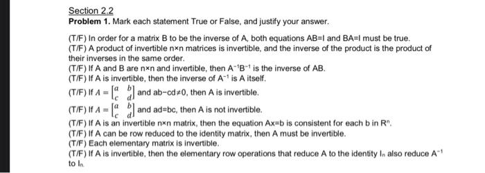 Solved Section 2.2 Problem 1. Mark each statement True or | Chegg.com
