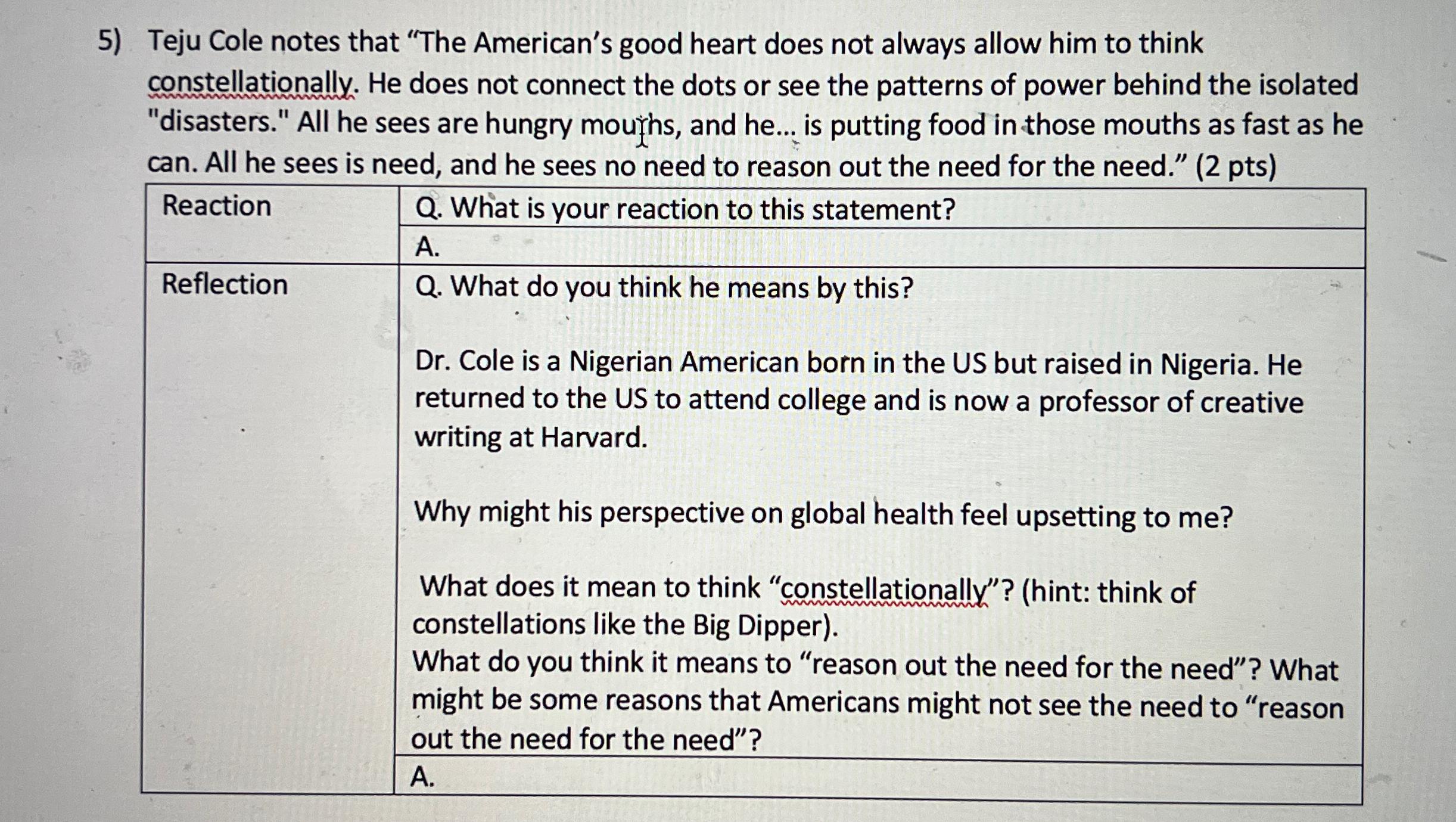 Solved Teju Cole notes that "The American's good heart does | Chegg.com