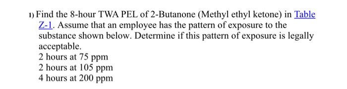 Solved 1) Find the 8-hour TWA PEL of 2-Butanone (Methyl | Chegg.com