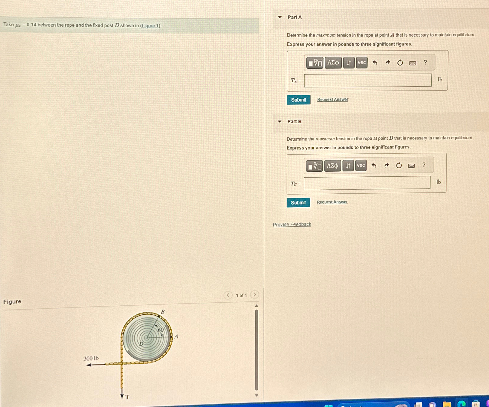Take μs=0.14 ﻿between the rope and the fixed post D | Chegg.com