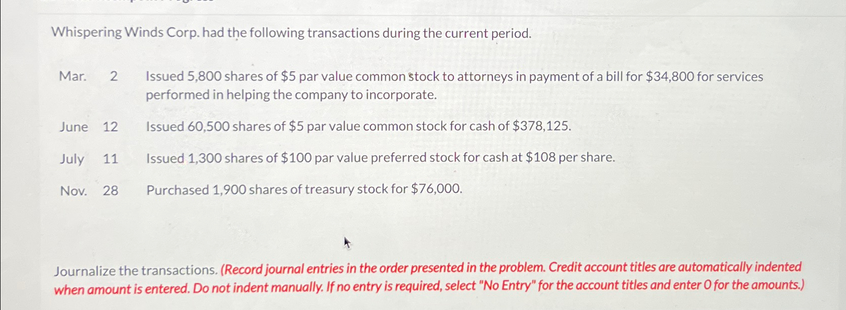 Solved Whispering Winds Corp. had the following transactions | Chegg.com