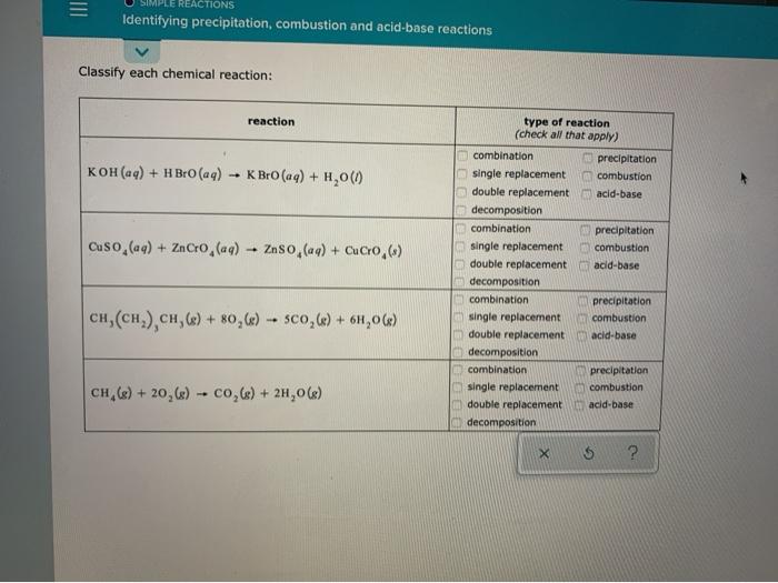 Solved Reactions Identifying Precipitation Combustion And