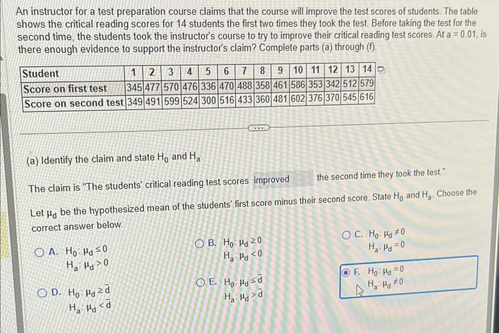 Solved An instructor for a test preparation course claims | Chegg.com