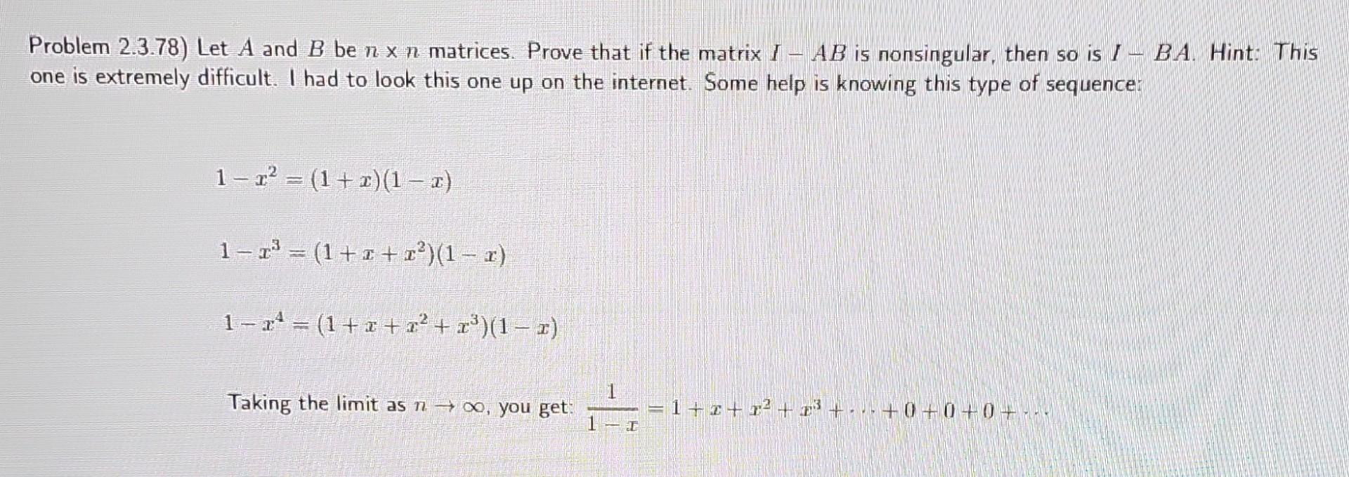 Solved Problem 2.3.78) Let A and B be n×n matrices. Prove | Chegg.com