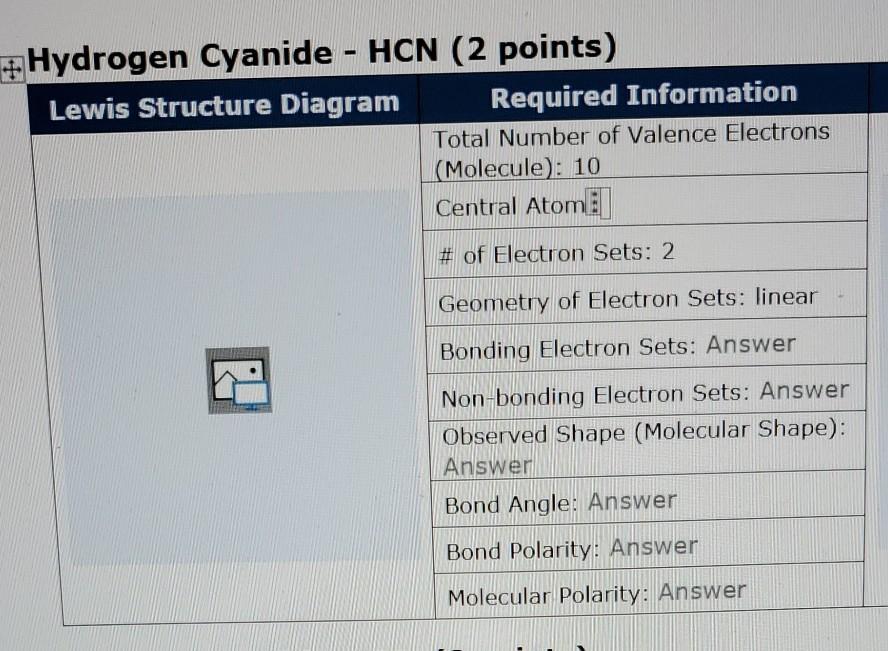 Solved Hydrogen Cyanide - HCN (2 points) Lewis Structure | Chegg.com