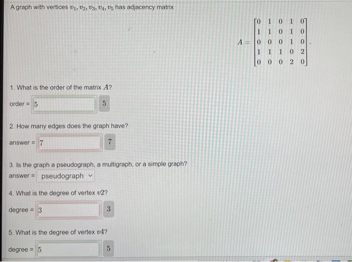 Solved A graph with vertices v1,v2,v3,v4,v5 has adjacency | Chegg.com