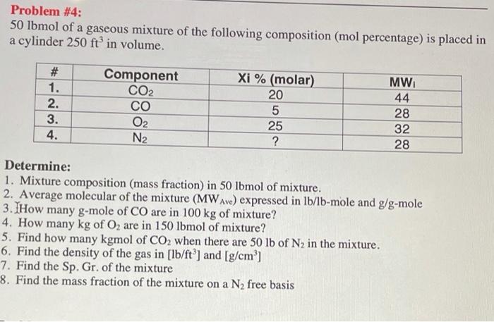 Solved Problem #4: 50 lbmol of a gaseous mixture of the | Chegg.com