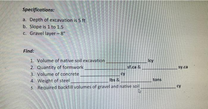 Solved Specifications: a. Depth of excavation is 5ft b. | Chegg.com