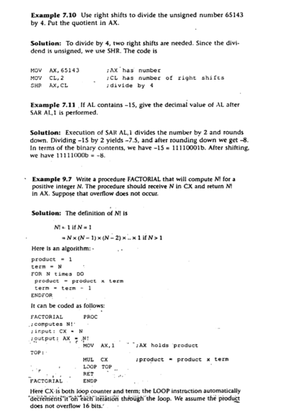 Example 7.10 ﻿Use right shifts to divide the unsigned | Chegg.com
