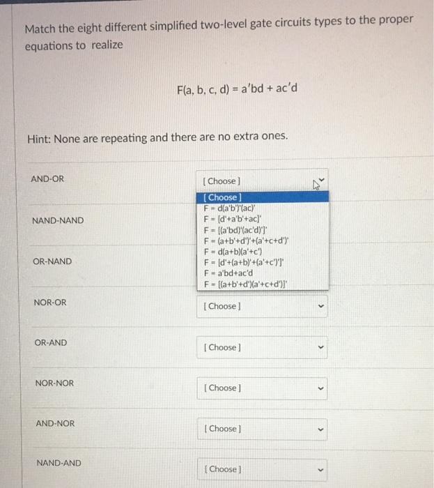 Solved Match the eight different simplified two-level gate | Chegg.com