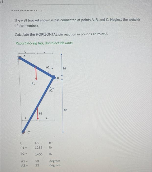 [Solved]: horizontal pin reaction The wall bracket shown is