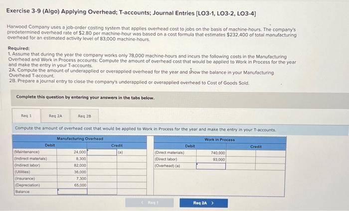 Solved Exercise 3-9 (Algo) Applying Overhead; T-accounts; | Chegg.com