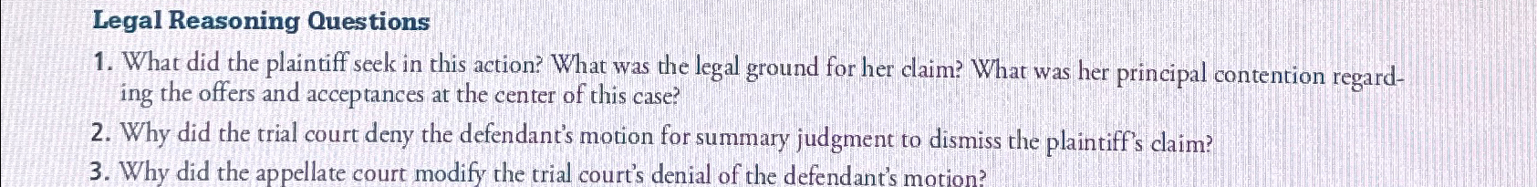 Solved Legal Reasoning QuestionsWhat did the plaintiff seek | Chegg.com