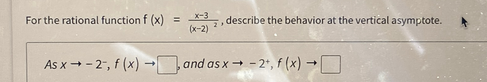 Solved For the rational function f(x)=x-3(x-2)2, ﻿describe | Chegg.com