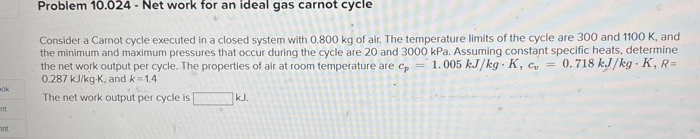 Solved Problem 10.024 - ﻿Net work for an ideal gas carnot | Chegg.com