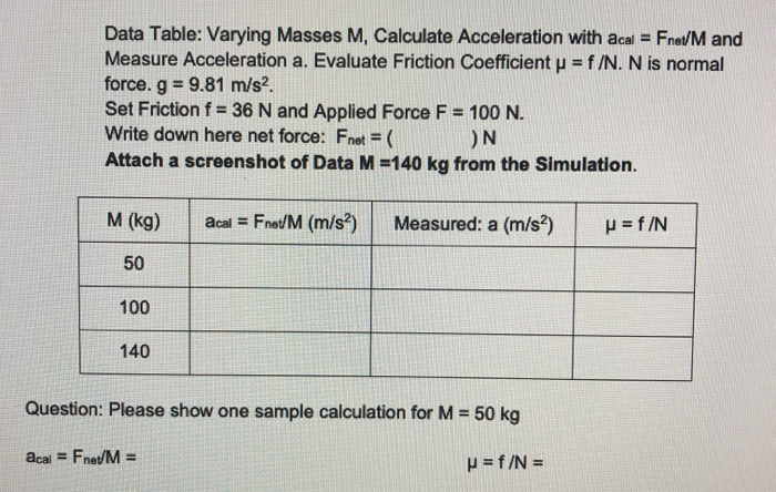 Solved Data Table: Varying Masses M, Calculate Acceleration | Chegg.com