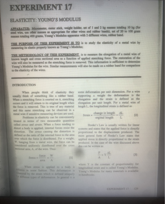 EXPERIMENT 17 ELASTICITY: YOUNG'S MODULUS APPARATUS: | Chegg.com