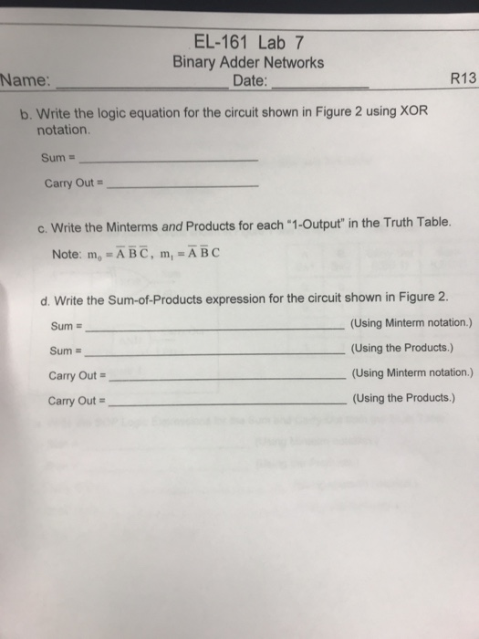 Solved EL-161 Lab 7 Binary Adder Networks Date: Name: R13 | Chegg.com