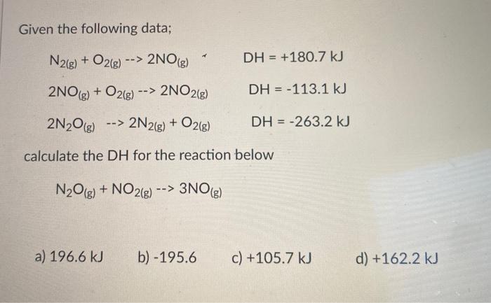 Solved Given the following data; N2(g) + O2(g) --> 2NO(g) DH | Chegg.com