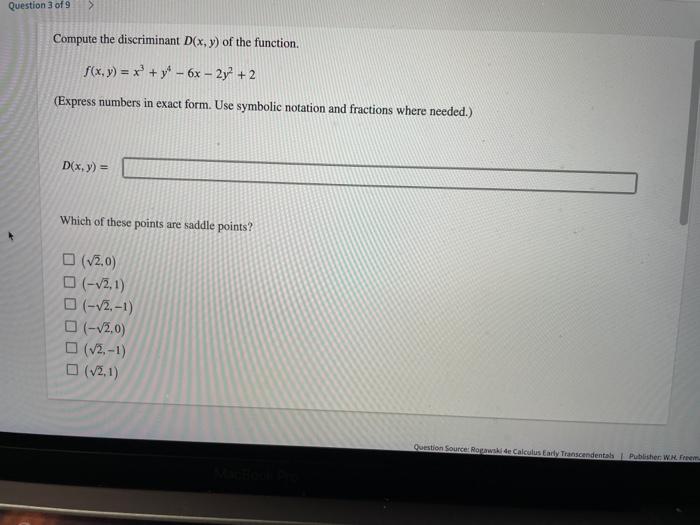 Solved Question 3 of 9 > Compute the discriminant D(x,y) of | Chegg.com