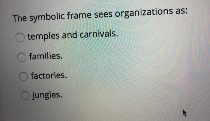 Solved The symbolic frame sees organizations as: O temples | Chegg.com