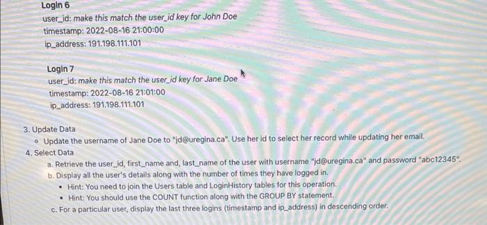 1. Create tables 1. Create the Users table 2. Create | Chegg.com