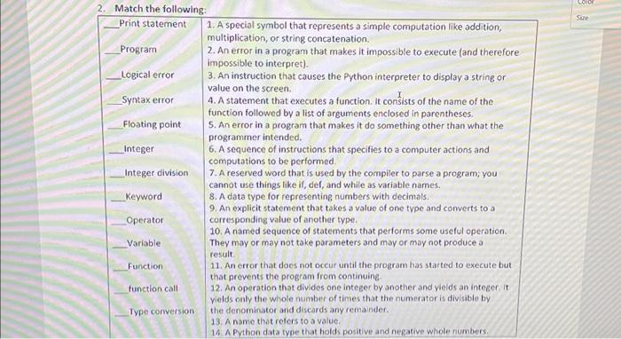 2. Match the following: sive | Chegg.com