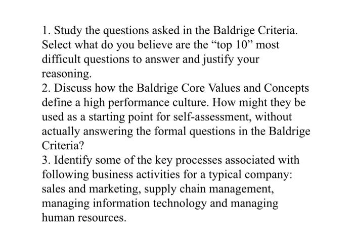 Solved 1. Study the questions asked in the Baldrige | Chegg.com