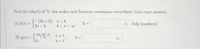 Solved Find the value(s) of ' k ' that makes each function | Chegg.com
