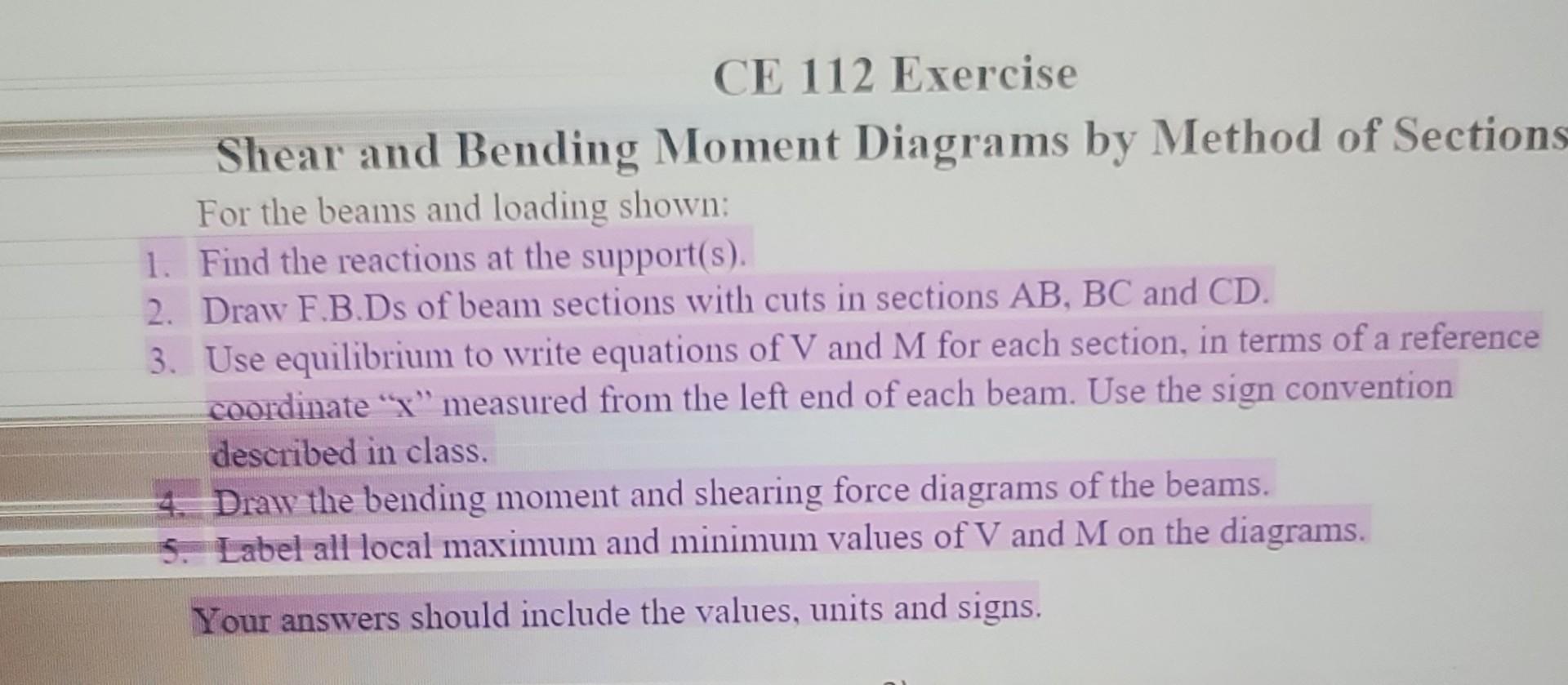 Solved CE 112 Exercise Shear and Bending Moment Diagrams by | Chegg.com