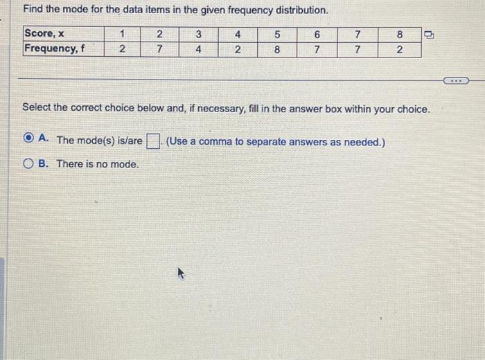 Solved Find the mode for the data items in the given | Chegg.com