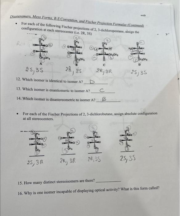 Solved Diasteremers, Meso Forms, R-S Convention, and Fischer | Chegg.com