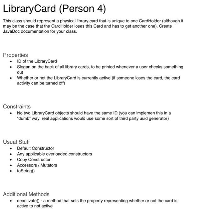 Solved This class should represent a physical library card | Chegg.com