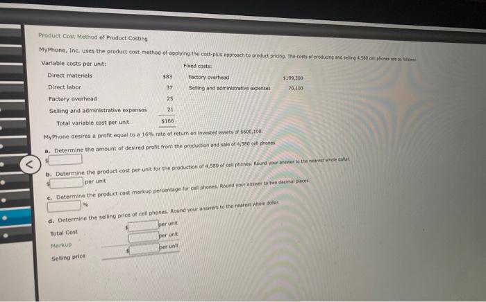 Solved Product Cost Method of Product Costing Variable costs | Chegg.com