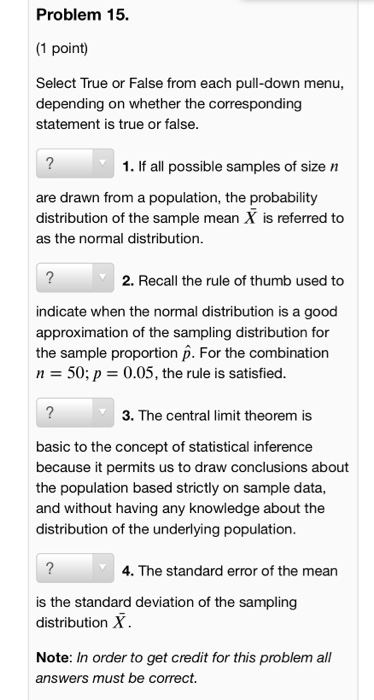 Solved Problem 15. (1 point) Select True or False from each | Chegg.com