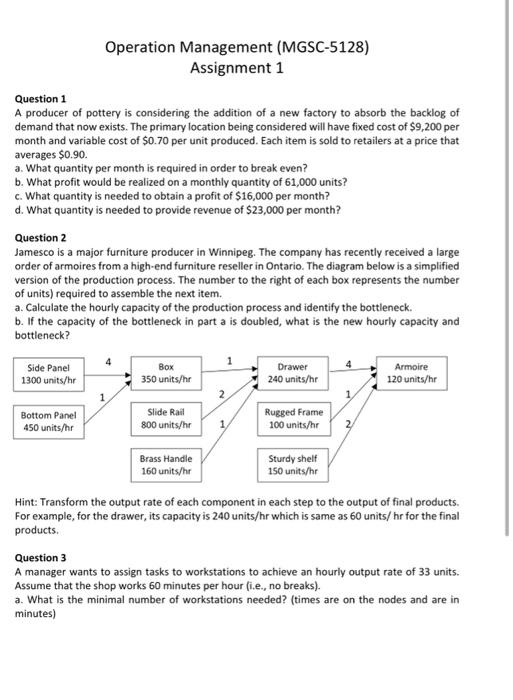Solved Operation Management (MGSC-5128) Assignment 1 | Chegg.com