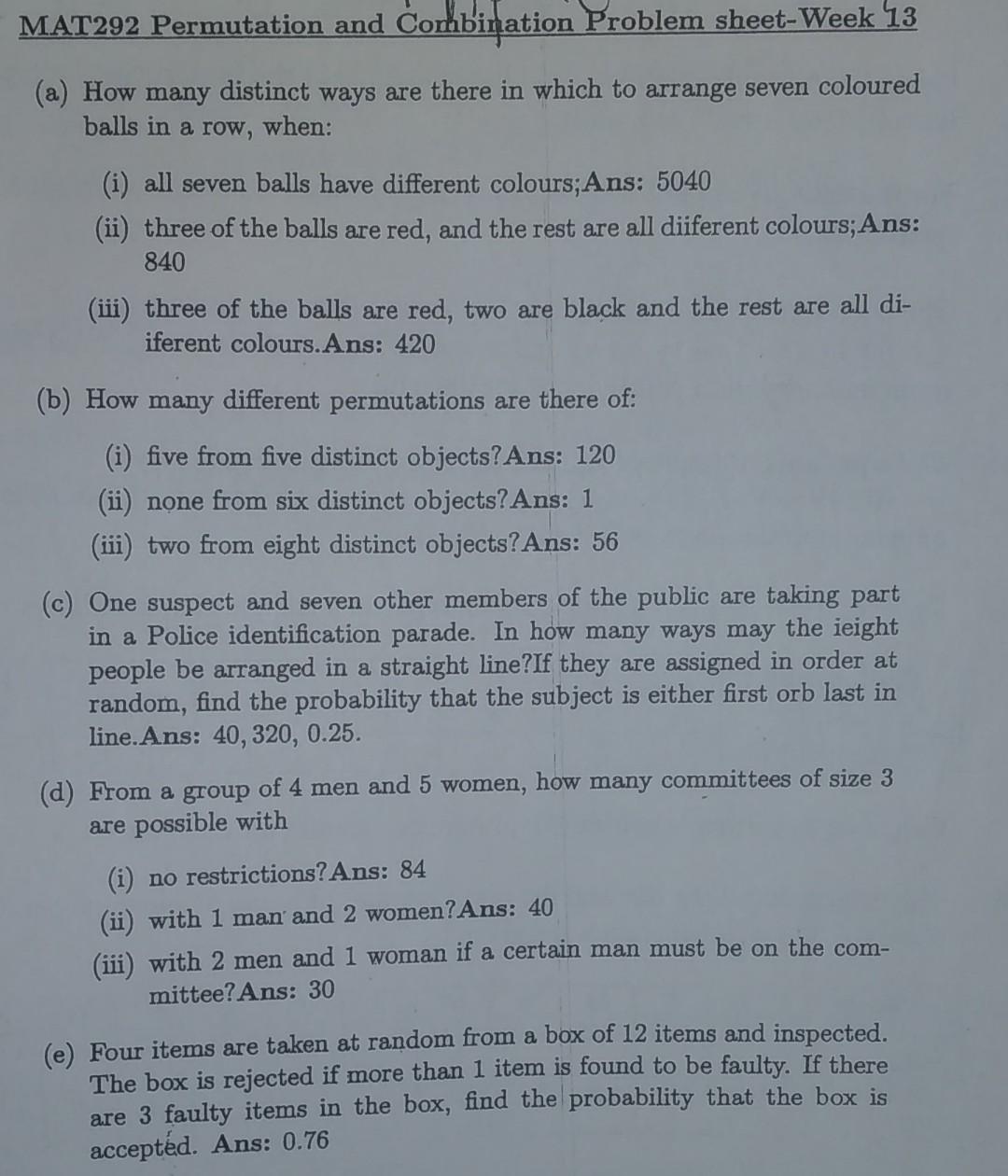 Solved MAT292 Permutation and Combination Problem sheet-Week | Chegg.com