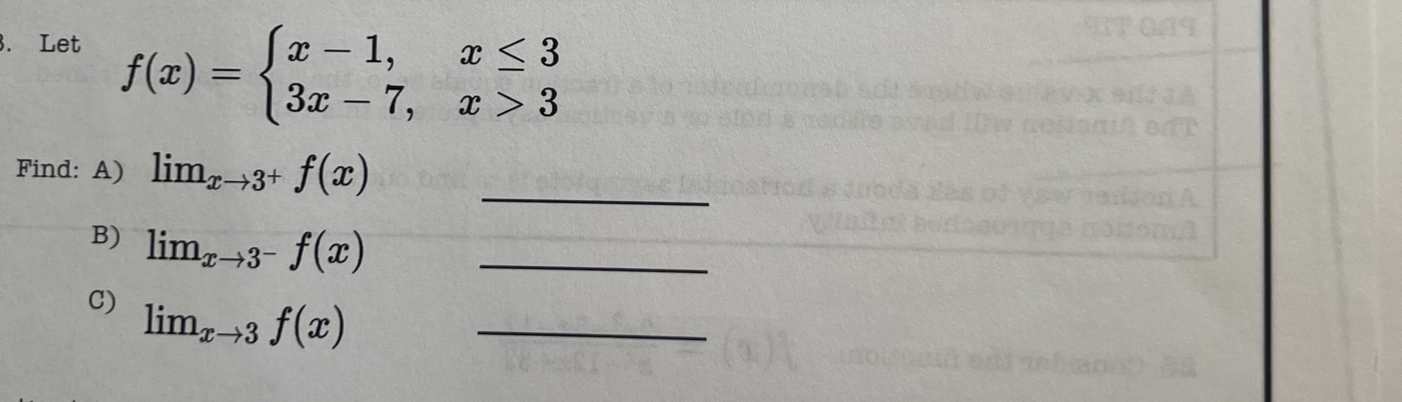 Solved f(x)={x-1,x≤33x-7,x>3Find: | Chegg.com