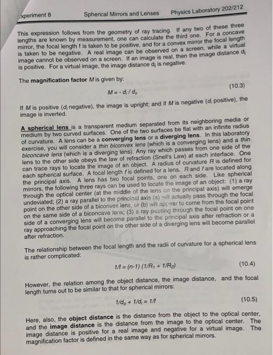 Spherical Mirrors and Lenses Physics Laboratory | Chegg.com