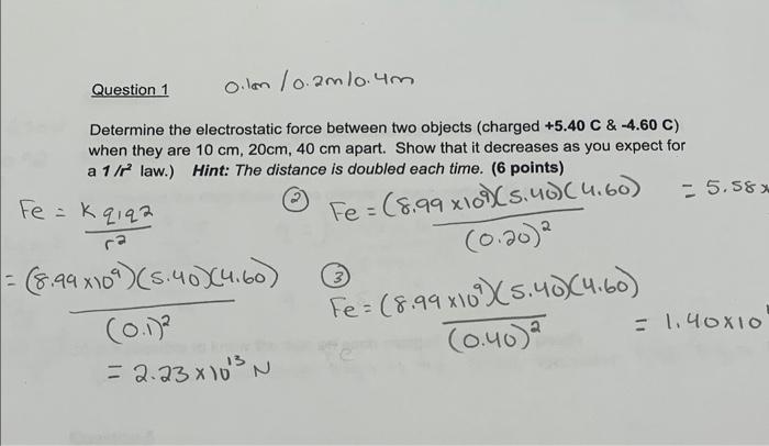 Solved Determine the electrostatic force between two objects | Chegg.com